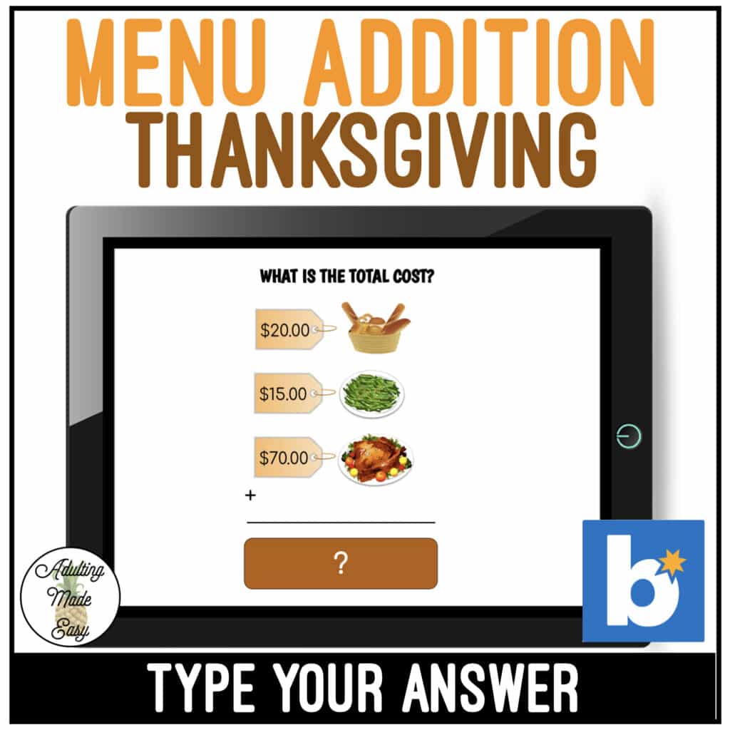 Thanksgiving Addition Typing Boom Cards