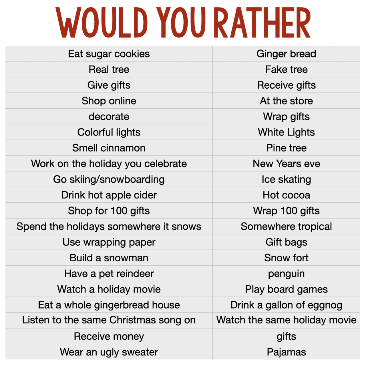 Would You Rather - Winter & Holiday Activity