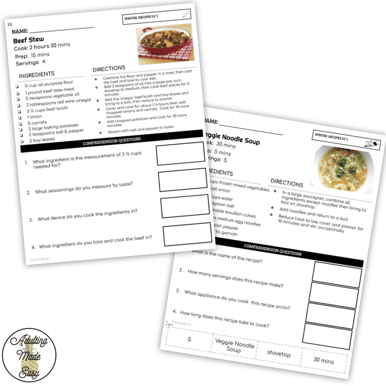 Reading Winter Recipes Worksheets