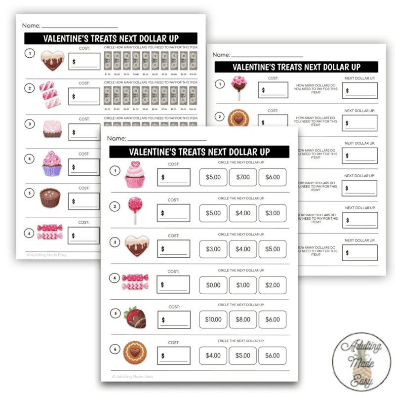 Valentine's Treat Menu Next Dollar Up Worksheets