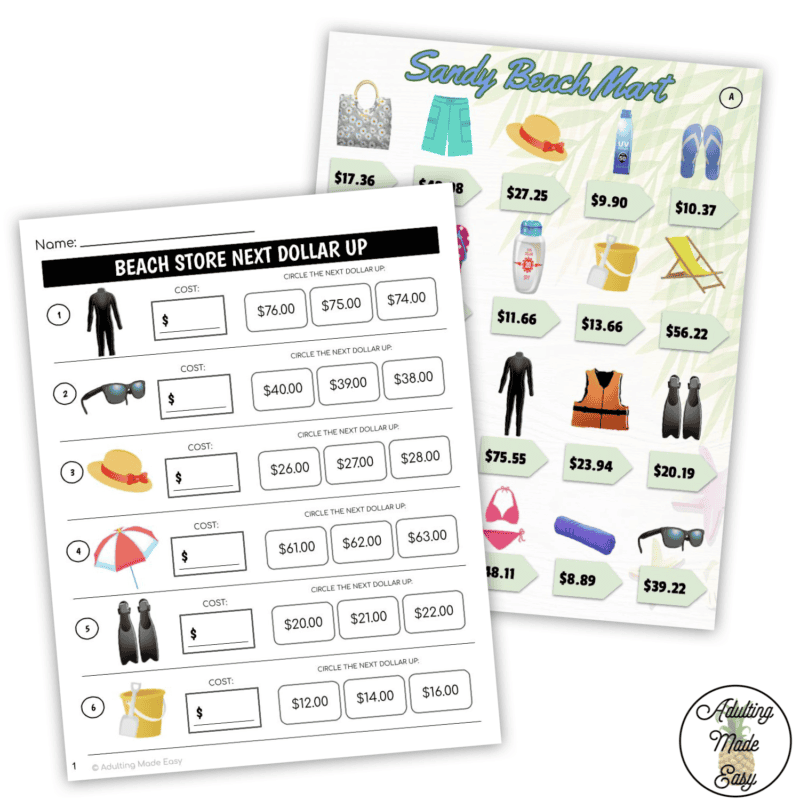 Beach Store Next Dollar Up Worksheets