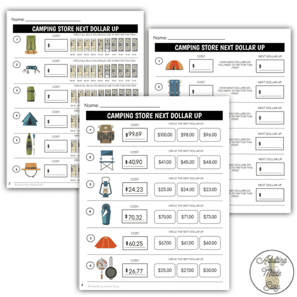 Camping Store Next Dollar Up Worksheets