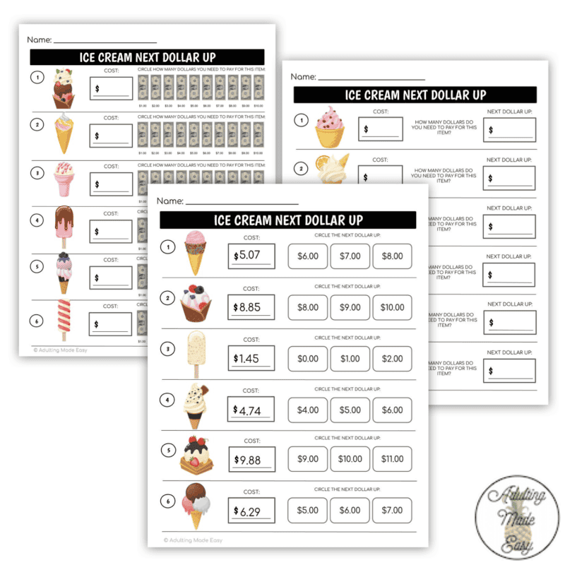 Ice Cream Shop Next Dollar Up Worksheets