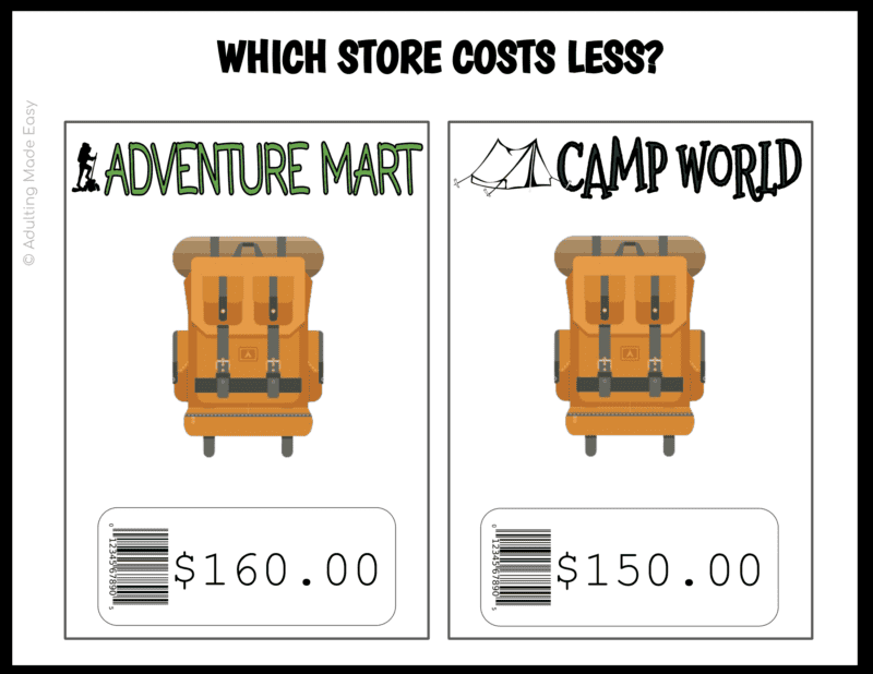 Camping Store Comparison Shopping Task Cards