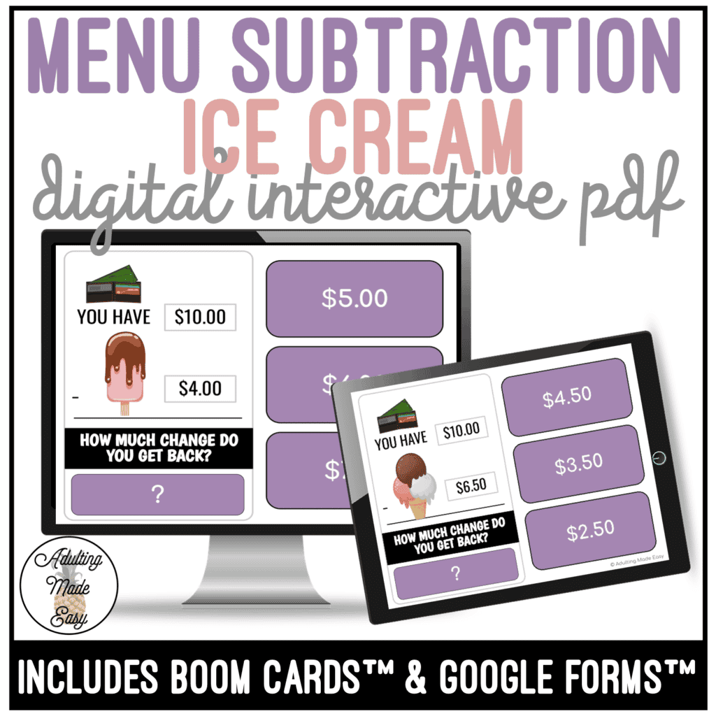 Ice Cream Shop - Menu Subtraction Digital Task Cards