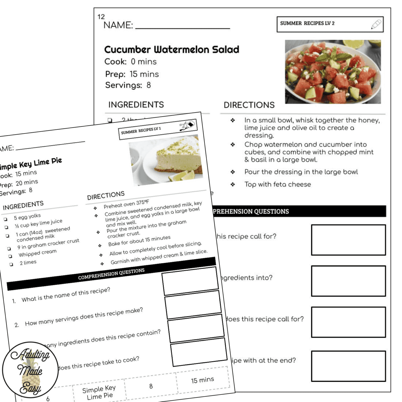 Reading Summer Recipes Worksheets