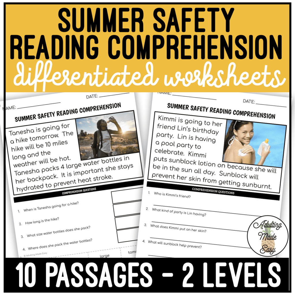 Summer Safety Simplified Reading Comprehension Worksheets