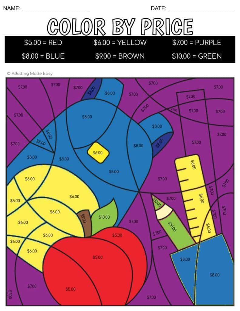 Back To School Color By Price Worksheets