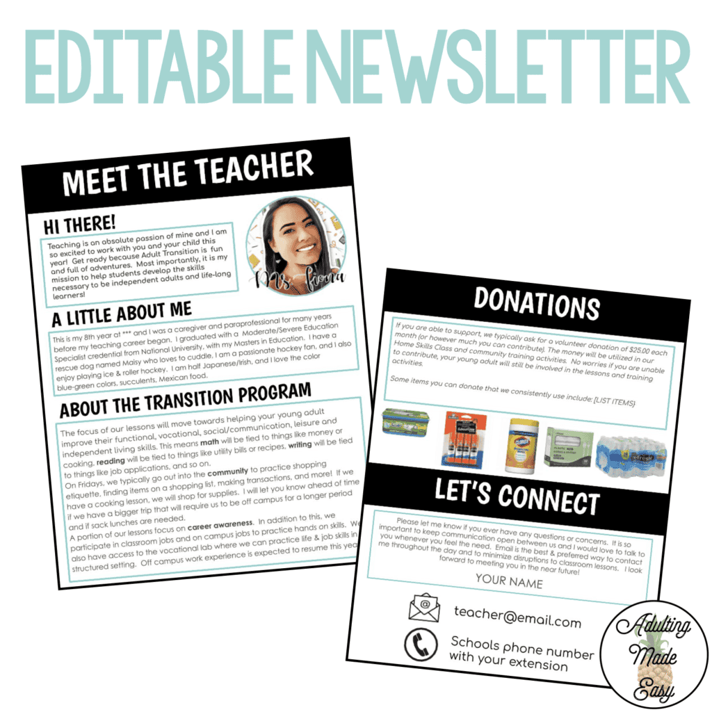 Meet the Life Skills Teacher Newsletter & Presentation Freebie