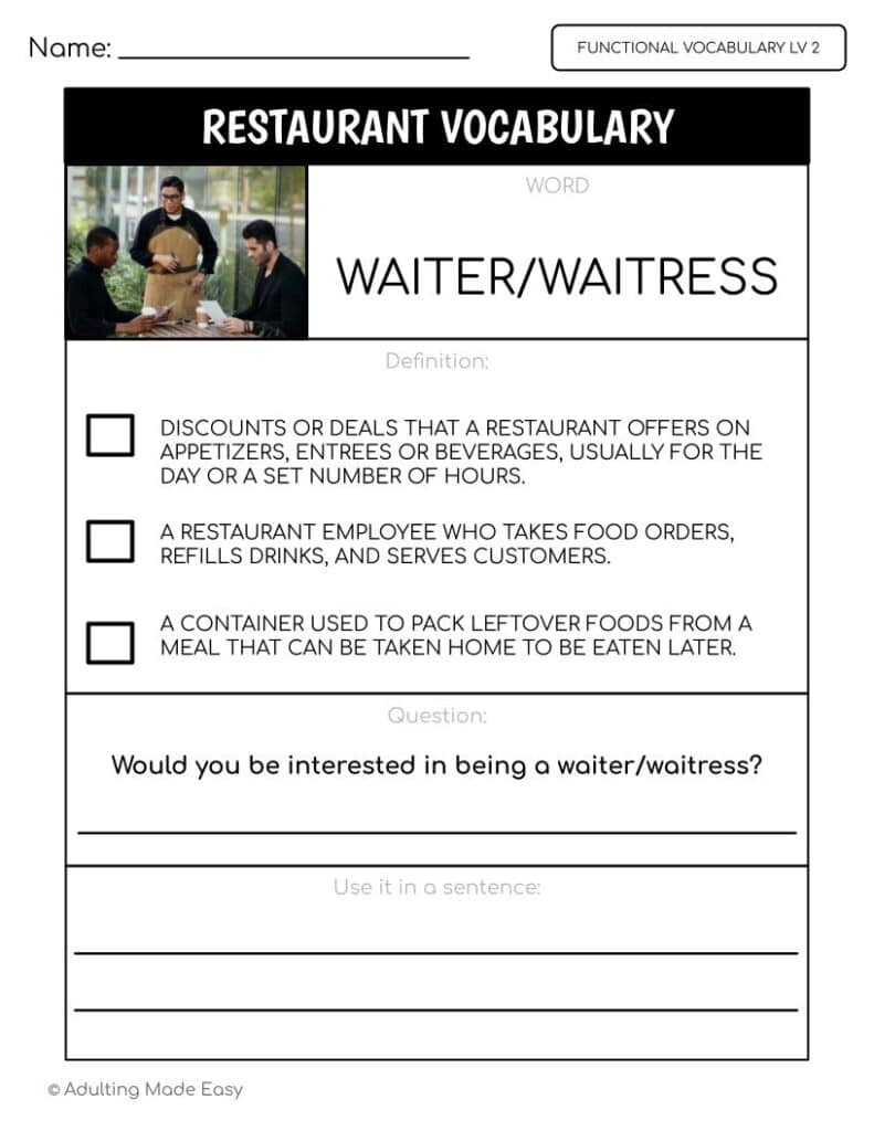 Restaurant Functional Vocabulary LEVEL 2 Worksheets