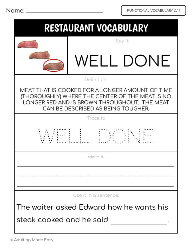 Restaurant Functional Vocabulary LEVEL 1 Worksheets