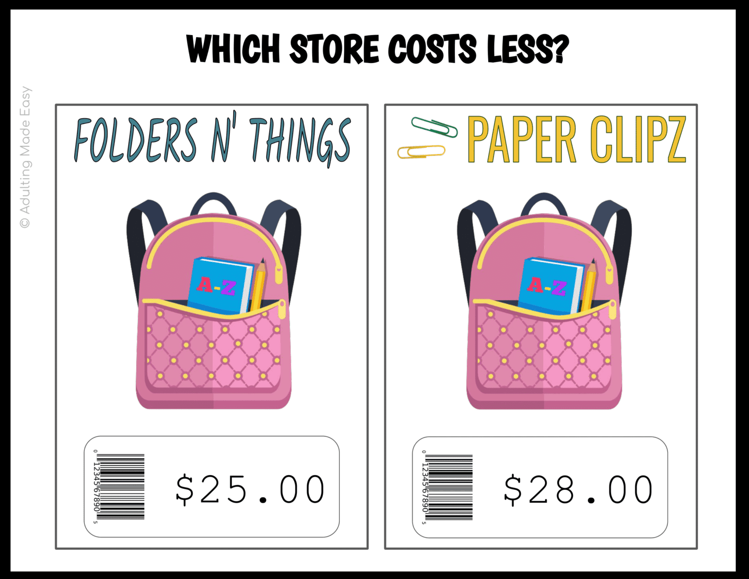 School Supplies Comparison Shopping Task Cards