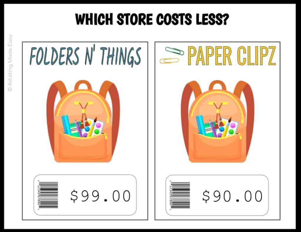 School Supplies Comparison Shopping Digital Task Cards
