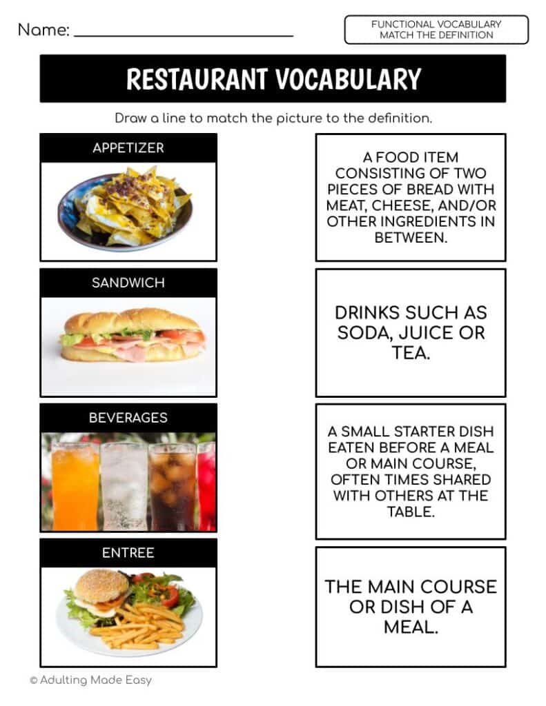 Restaurant Functional Vocabulary DEFINITIONS Worksheets - Adulting Made ...