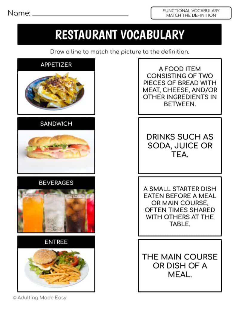 Restaurant Functional Vocabulary DEFINITIONS Worksheets - Adulting Made ...