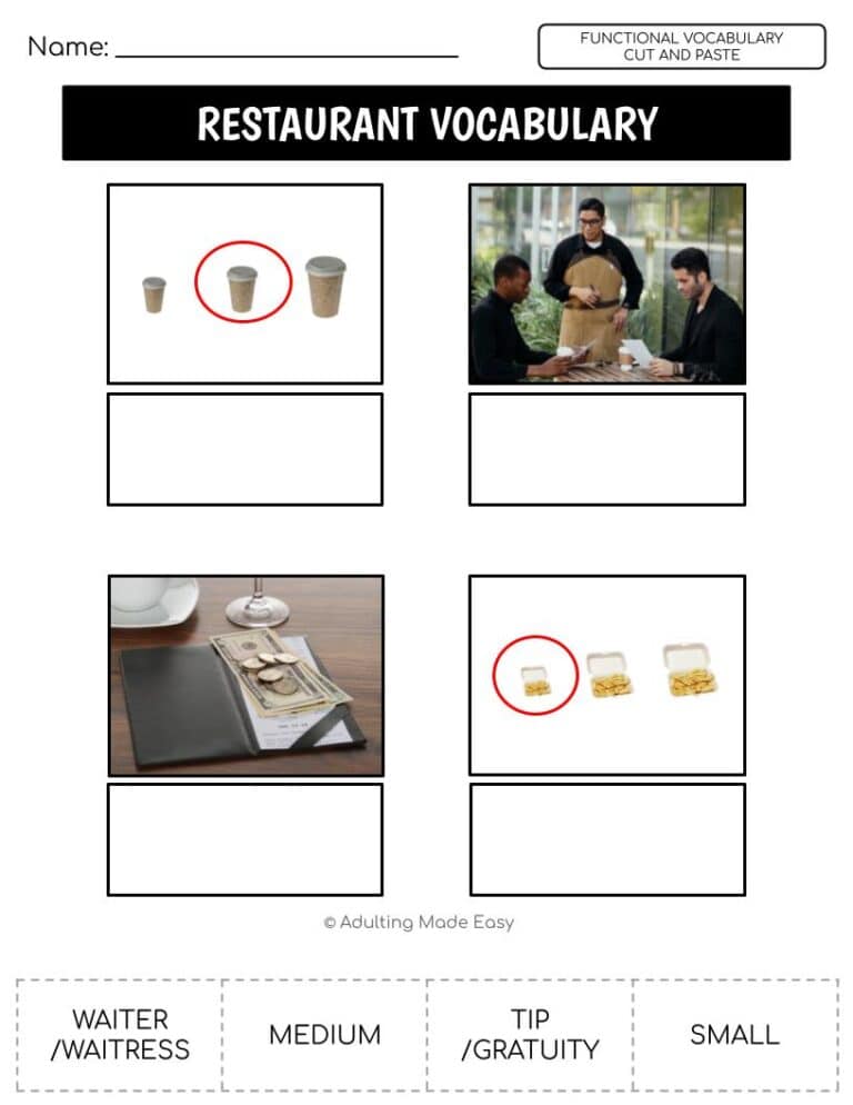 Restaurant Functional Vocabulary CUT AND PASTE Worksheets - Adulting ...