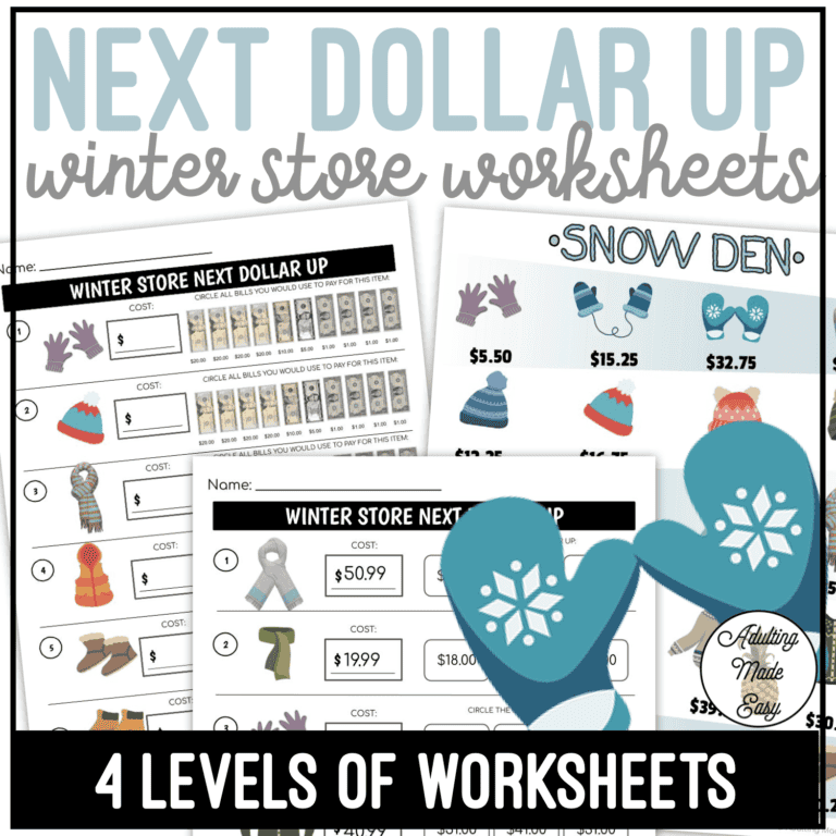 Winter Store Next Dollar Up Worksheets - Adulting Made Easy LLC