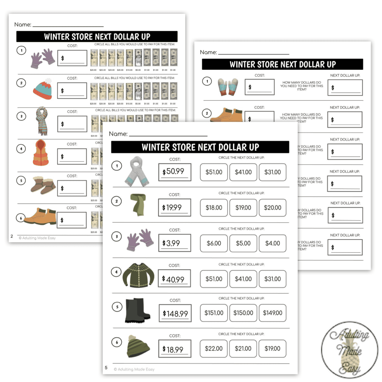 Winter Store Next Dollar Up Worksheets - Adulting Made Easy LLC