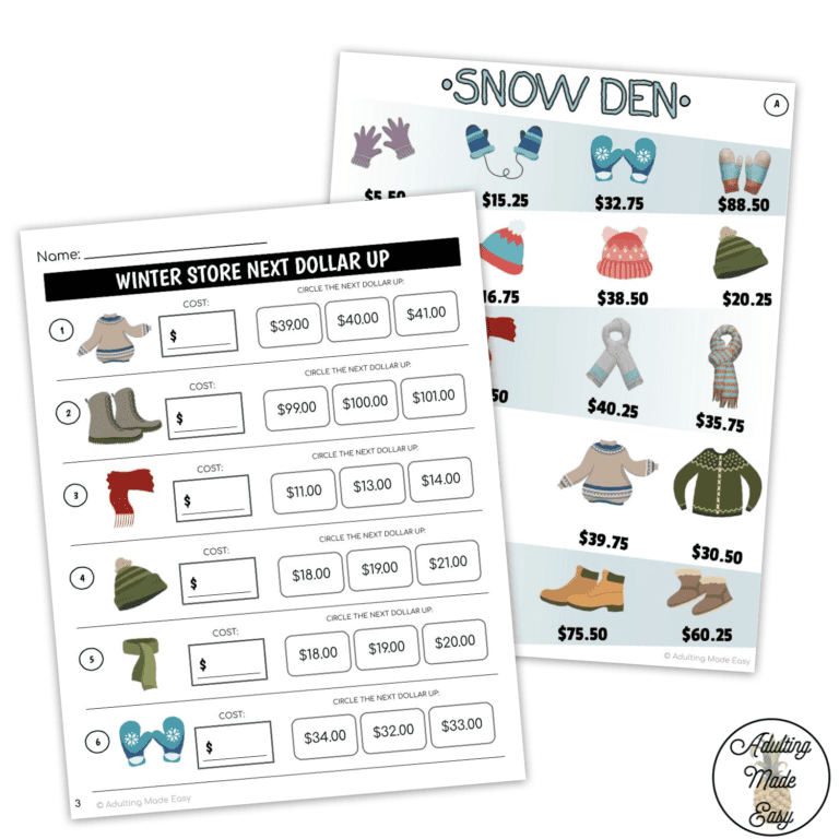 Winter Store Next Dollar Up Worksheets - Adulting Made Easy LLC