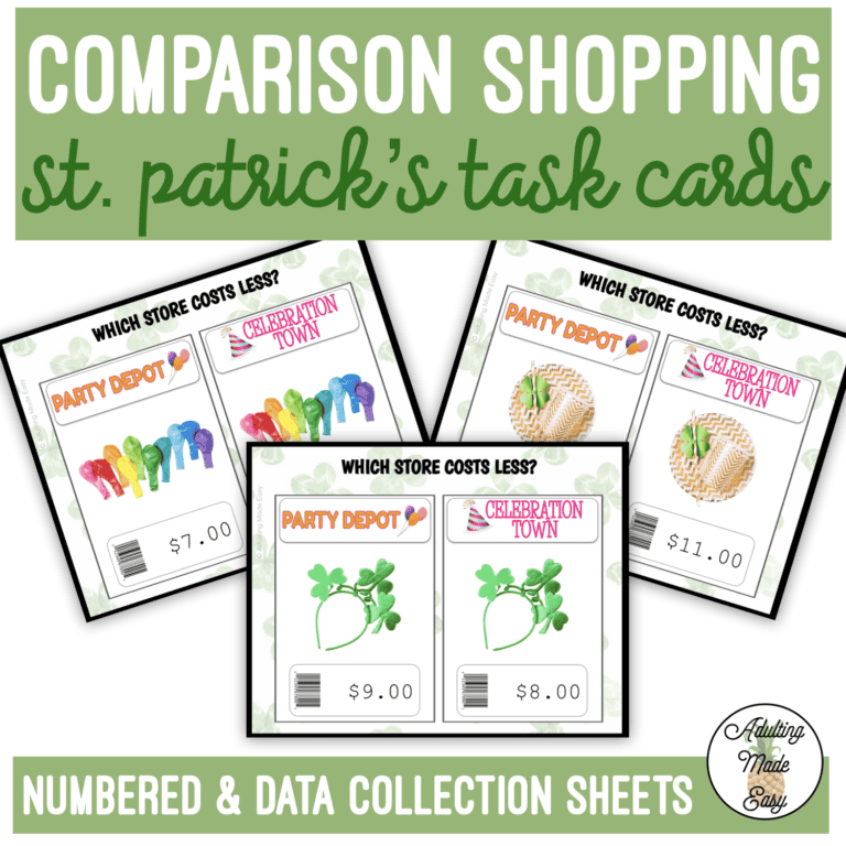 St. Patrick's Comparison Shopping Task Cards - Adulting Made Easy LLC