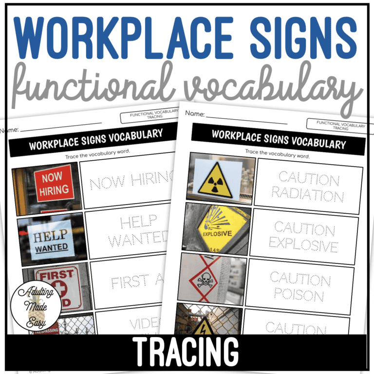 Workplace Signs Vocabulary TRACING Worksheets - Adulting Made Easy LLC