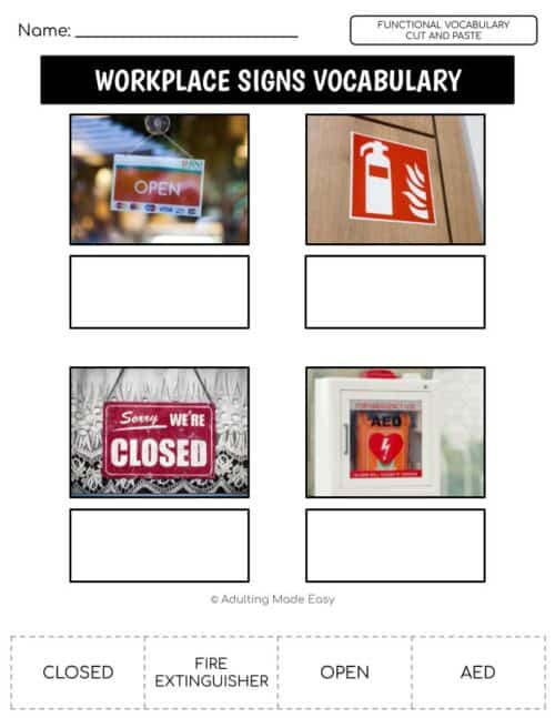 Workplace Signs Functional Vocabulary CUT AND PASTE Worksheets ...