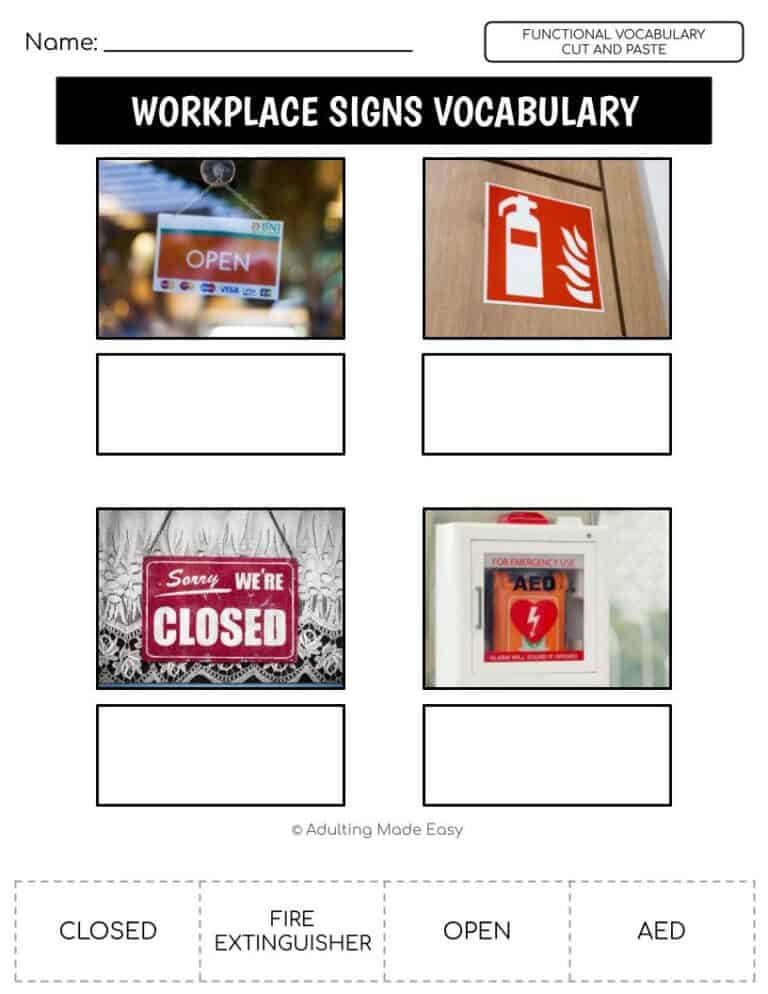Workplace Signs Functional Vocabulary CUT AND PASTE Worksheets ...