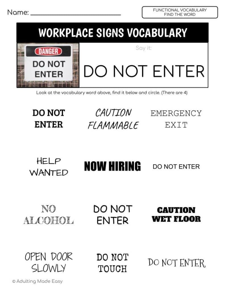 Workplace Signs Functional Vocabulary FIND THE WORD Worksheets ...
