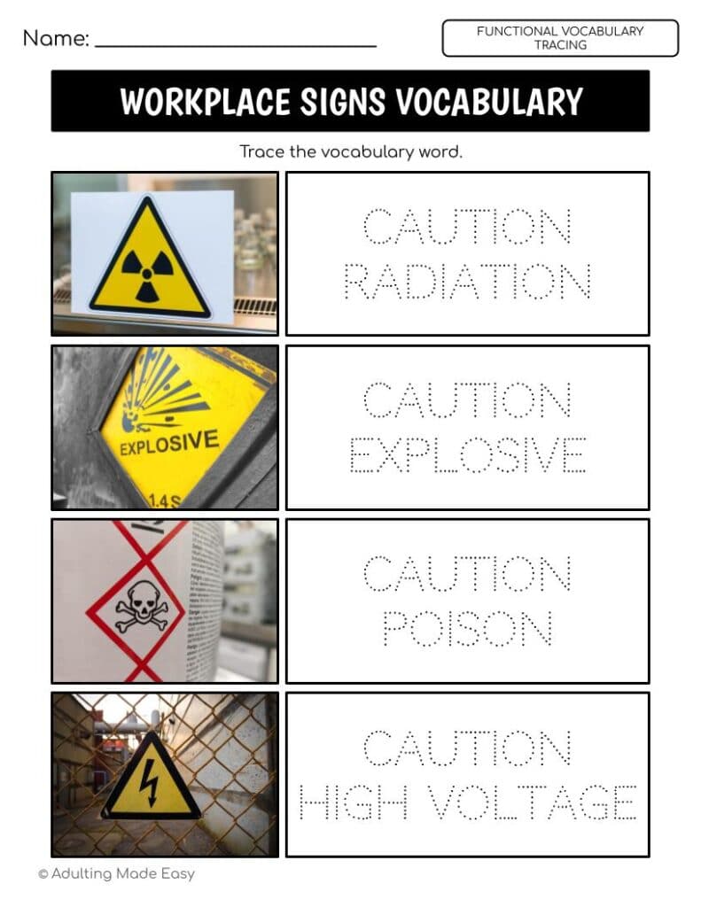 Workplace Signs Vocabulary TRACING Worksheets - Adulting Made Easy LLC