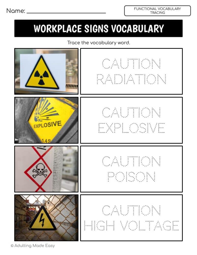 Workplace Signs Vocabulary TRACING Worksheets - Adulting Made Easy LLC