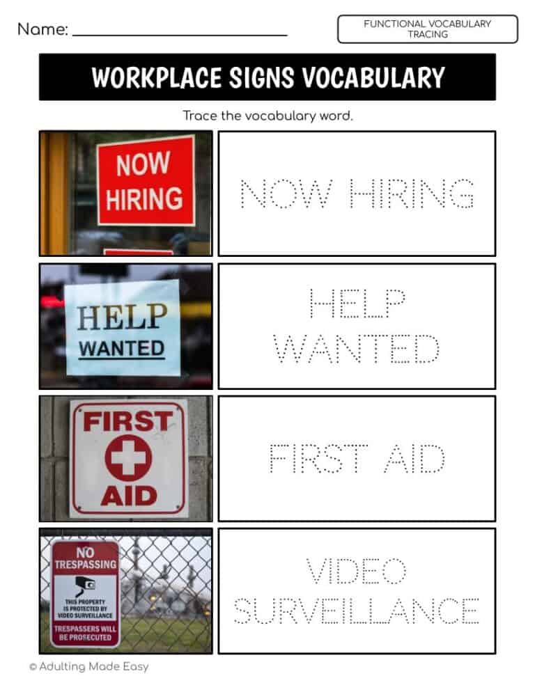 Workplace Signs Vocabulary TRACING Worksheets - Adulting Made Easy LLC