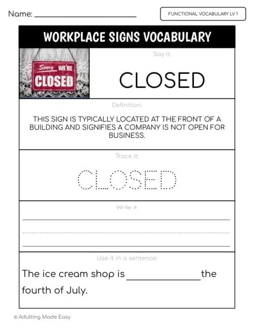 Workplace Signs Functional Vocabulary LEVEL 1 Worksheets - Adulting ...