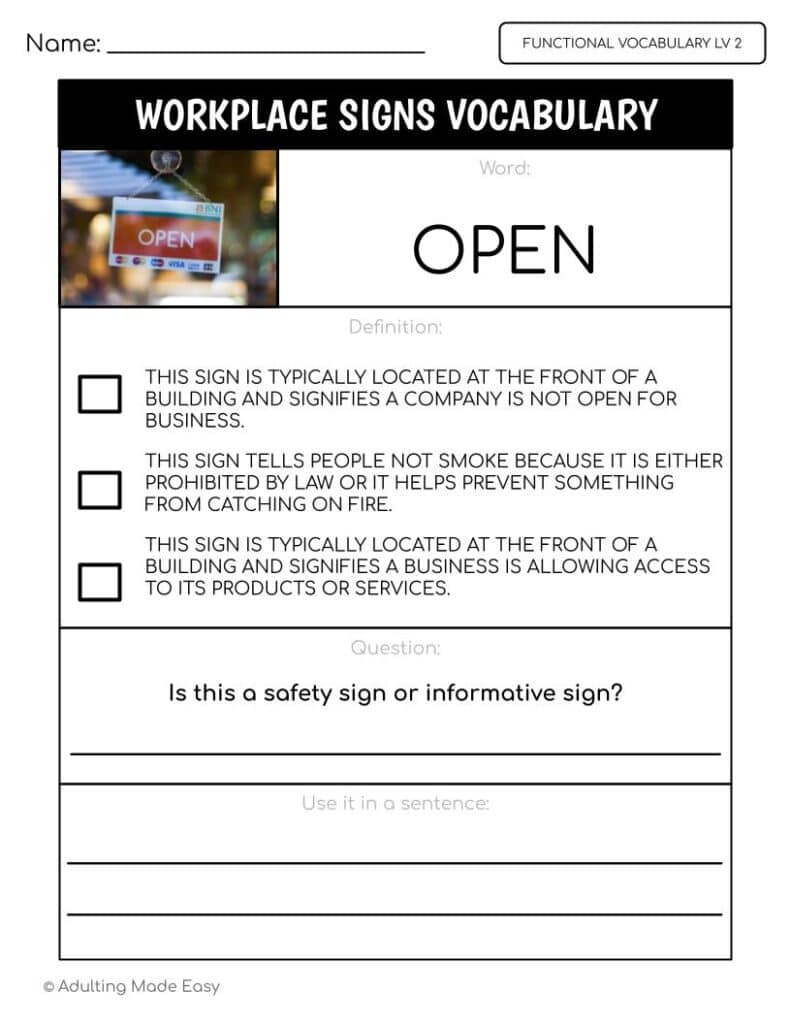 Workplace Signs Functional Vocabulary LEVEL 2 Worksheets - Adulting ...