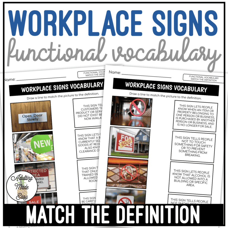 Workplace Signs Functional Vocabulary BUNDLE - Adulting Made Easy LLC