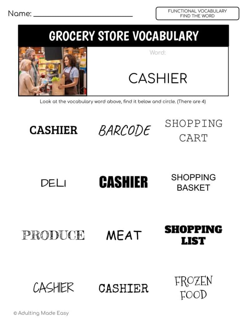 Grocery Store Functional Vocabulary FIND THE WORD Worksheets - Adulting ...
