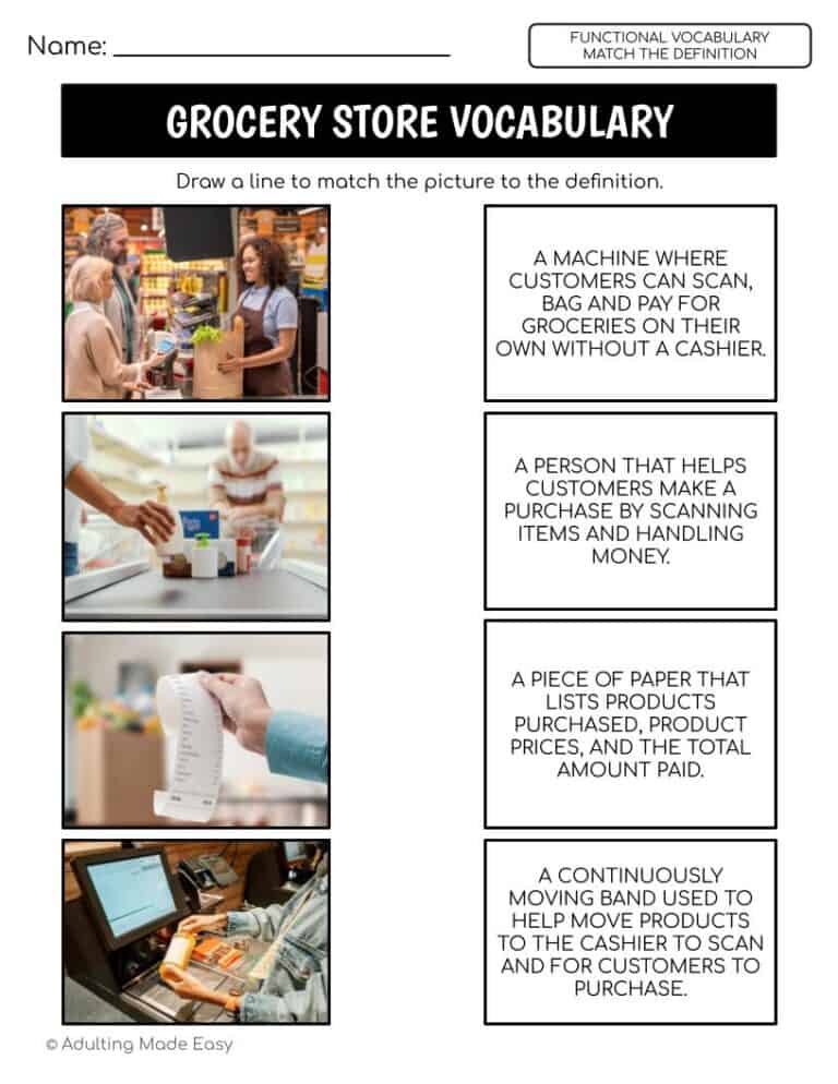 Grocery Store Functional Vocabulary DEFINITIONS Worksheets - Adulting ...