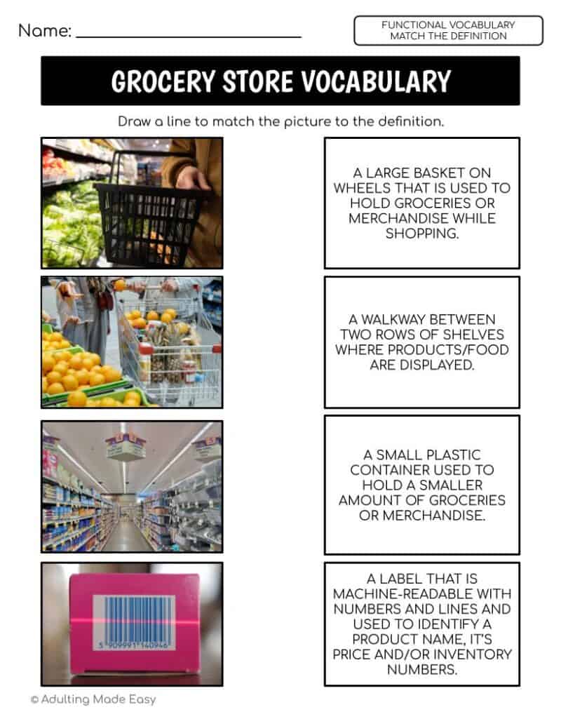 Grocery Store Functional Vocabulary DEFINITIONS Worksheets - Adulting ...