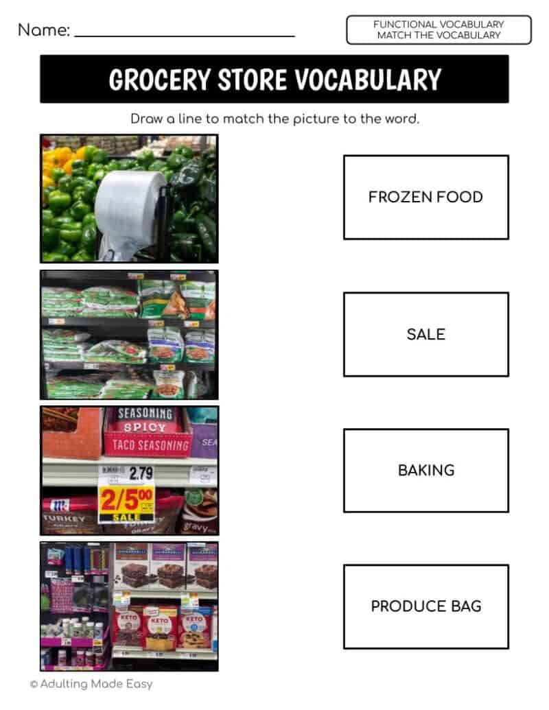 Grocery Store Functional Vocabulary MATCH THE WORD Worksheets ...