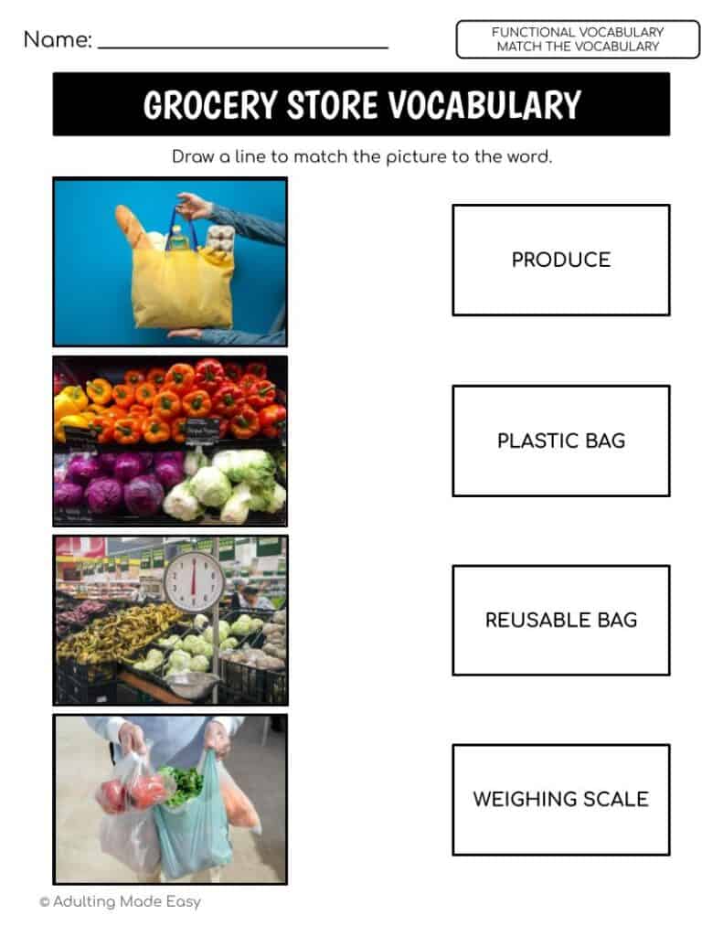 Grocery Store Functional Vocabulary MATCH THE WORD Worksheets ...