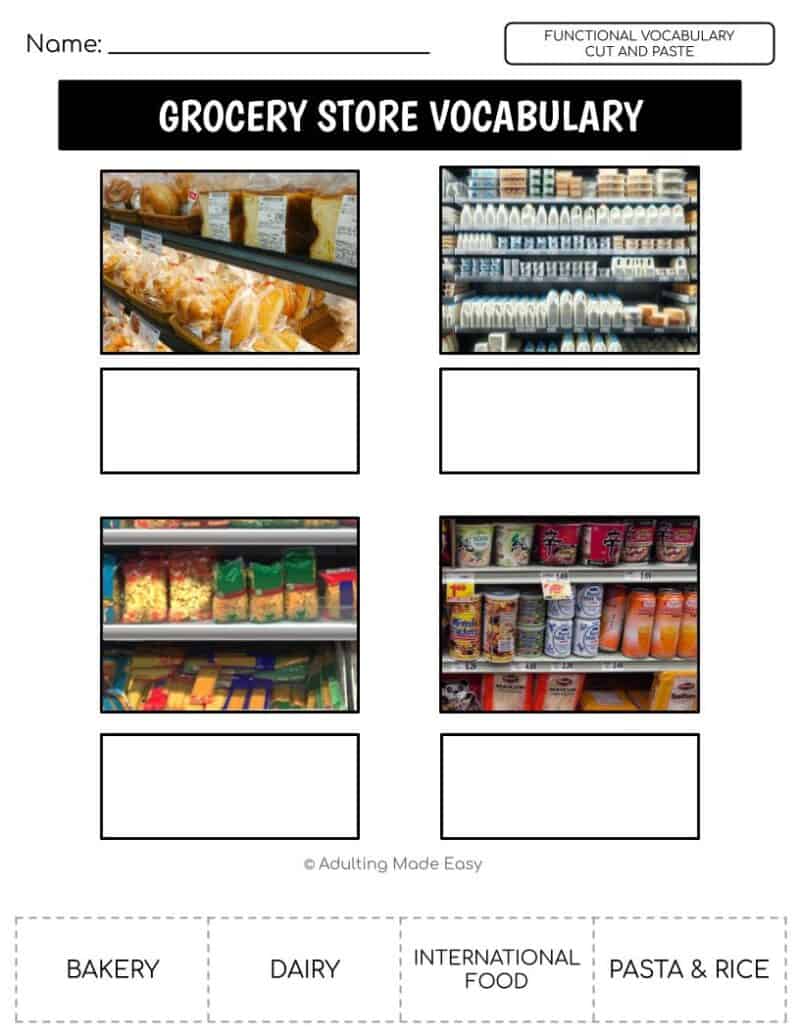 Grocery Store Functional Vocabulary CUT AND PASTE Worksheets - Adulting ...