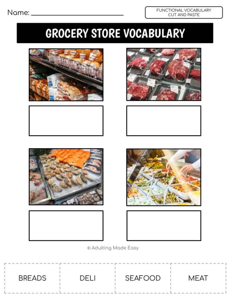 Grocery Store Functional Vocabulary CUT AND PASTE Worksheets - Adulting ...