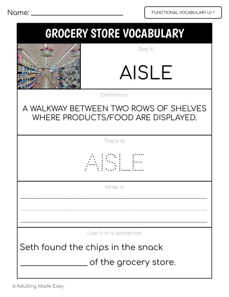 Grocery Store Functional Vocabulary LEVEL 1 Worksheets - Adulting Made ...