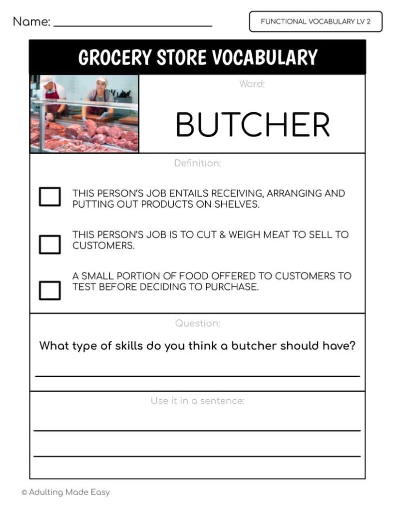 Grocery Store Functional Vocabulary LEVEL 2 Worksheets - Adulting Made ...