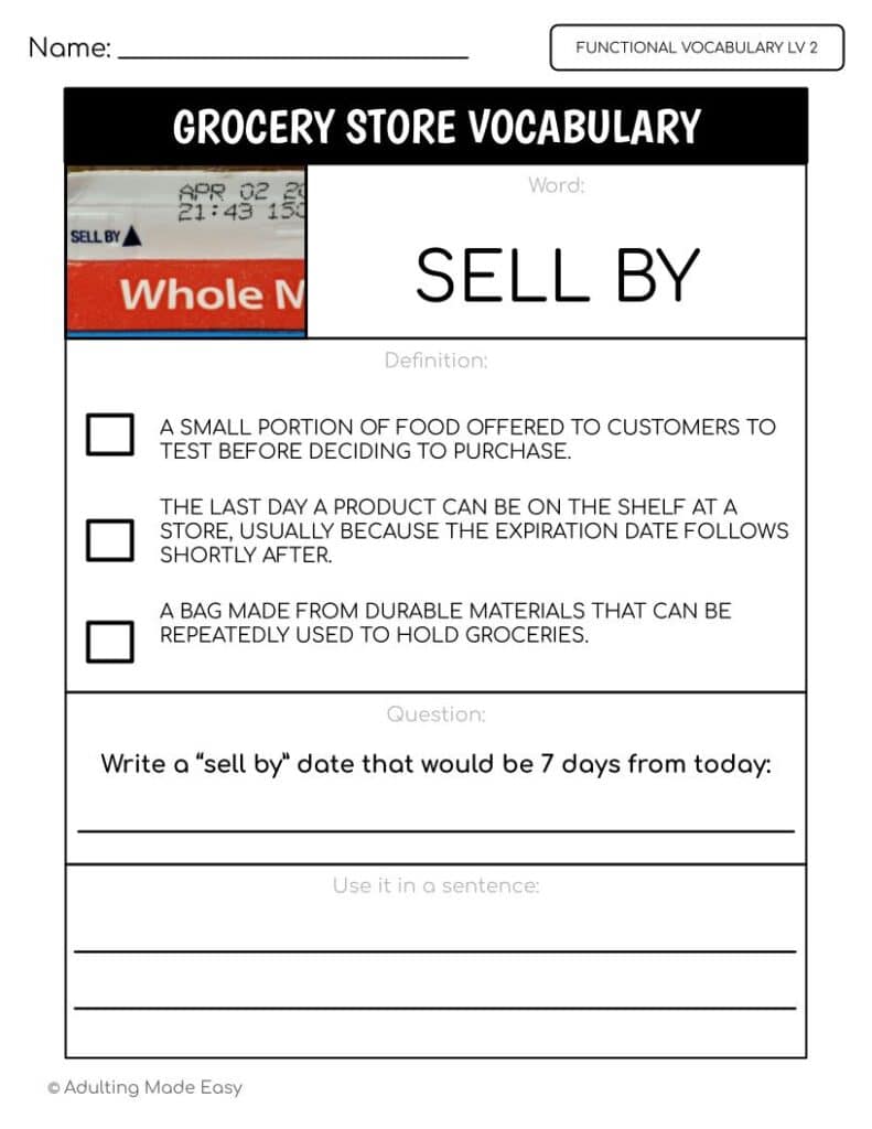 Grocery Store Functional Vocabulary LEVEL 2 Worksheets - Adulting Made ...