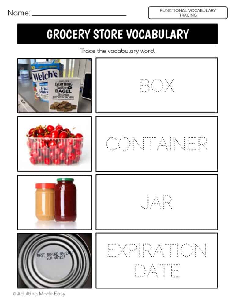 Grocery Store Vocabulary TRACING Worksheets - Adulting Made Easy LLC