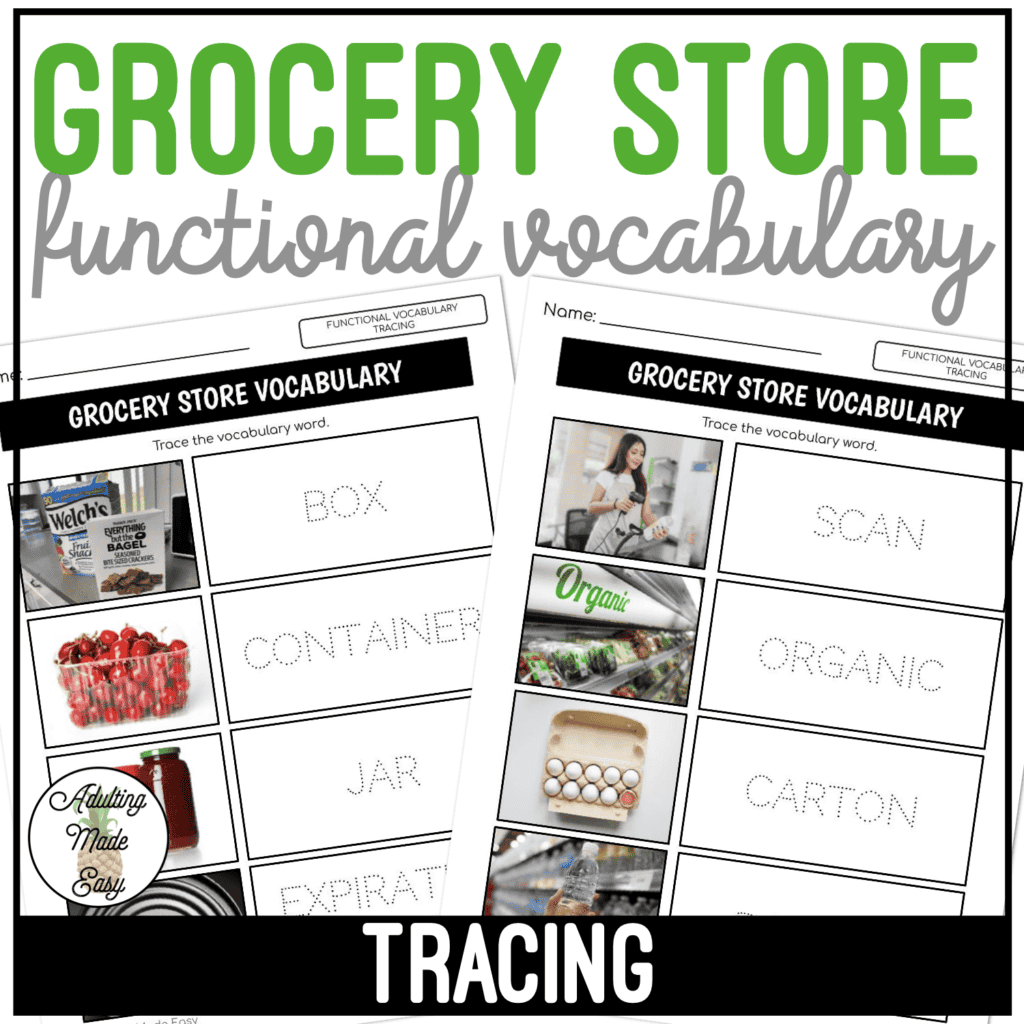 Grocery Store Vocabulary TRACING Worksheets - Adulting Made Easy LLC