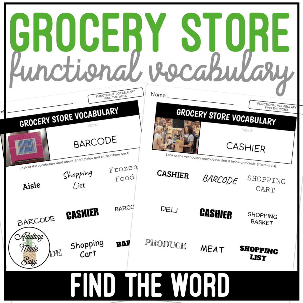Grocery Store Functional Vocabulary FIND THE WORD Worksheets - Adulting ...