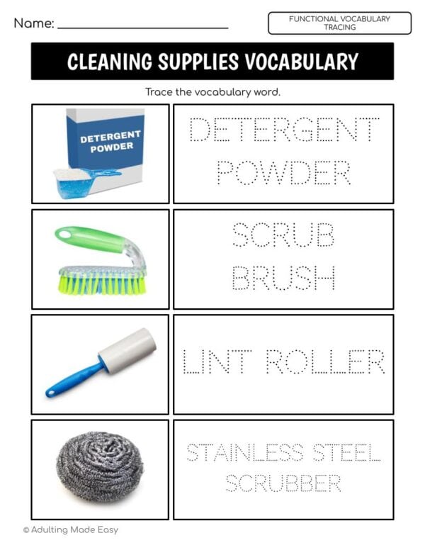 Cleaning Supplies Functional Vocabulary TRACING Worksheets - Adulting ...